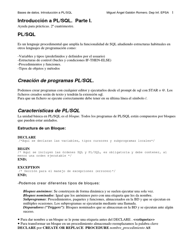 M - 2.0.introducción A PL SLQ 1 | PDF | SQL | Pl / Sql M - 2.0.introducción A PL SLQ 1 | PDF | SQL | Pl / Sql
