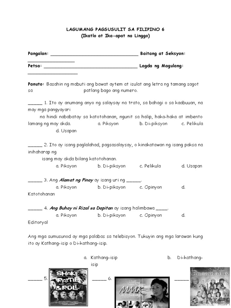 Lagumang Pagsusulit Sa Filipino 6 W3&4 | PDF