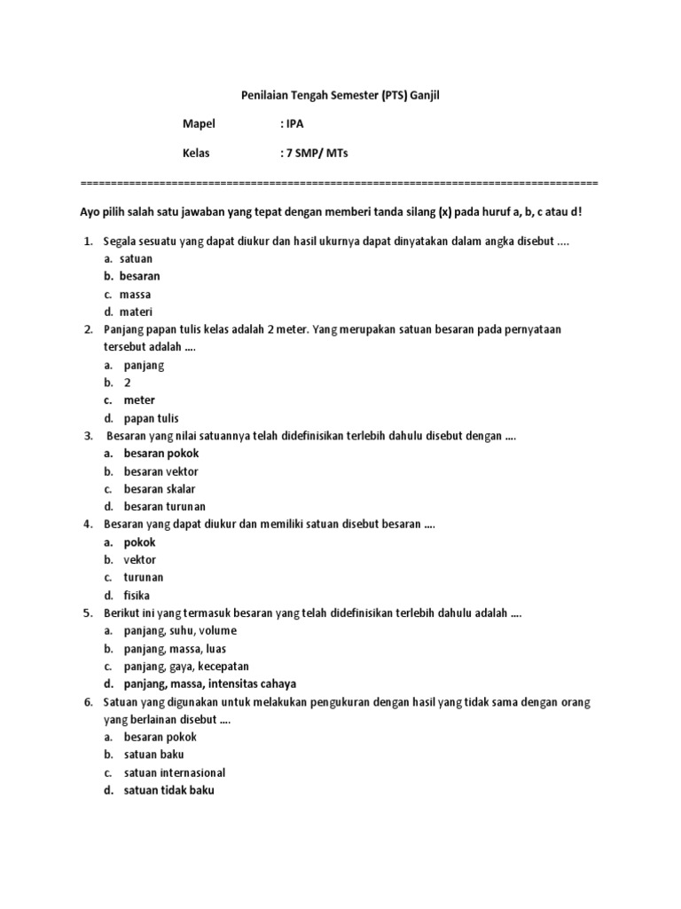 Soal PTS IPA Kelas 7 SMP/MTs | PDF