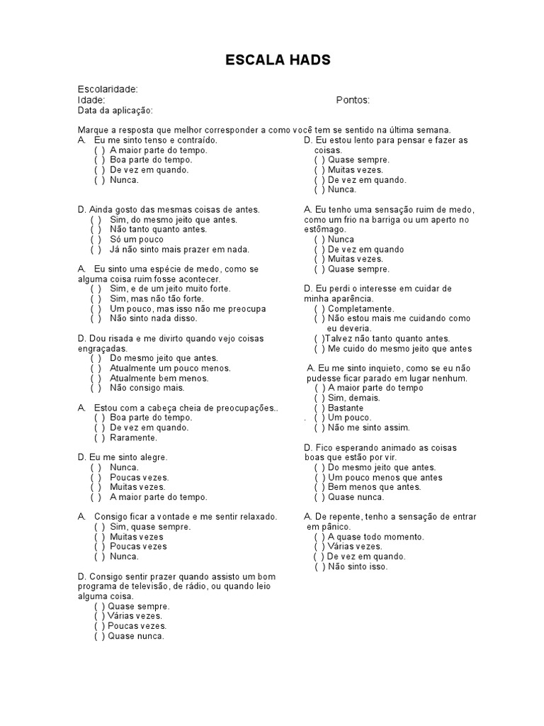 HADS Escala Depressão e Ansiedade | PDF