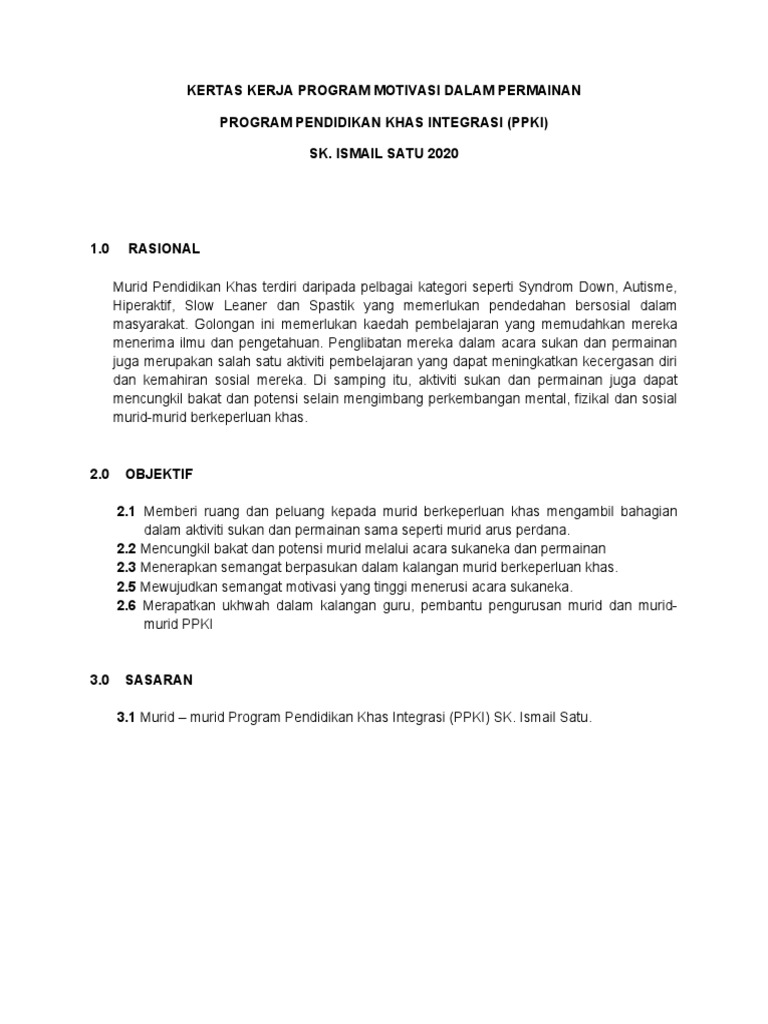 Kertas Kerja Program Sukaneka Pendidikan Khas Integrasi 2020 | PDF