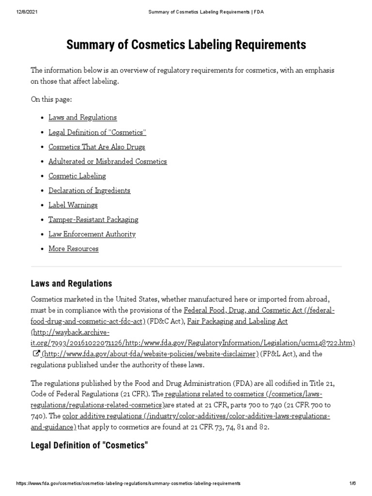 Summary of Cosmetics Labeling Requirements - FDA | PDF | Federal Food ...