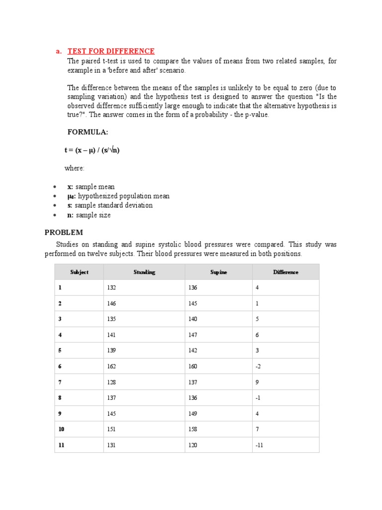 A. Test For Difference: Formula: t = (x - μ) / (s/√n) | PDF ...