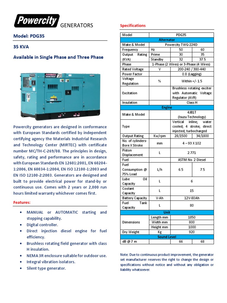 Generators: Model: PDG35 35 KVA Available in Single Phase and Three ...