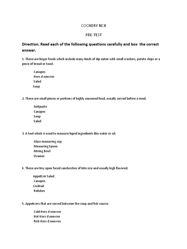 Pre-Test Cookery Ncii | PDF | Foods | Hors D'oeuvre