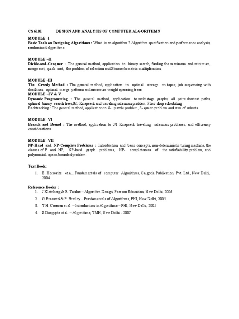 CS6101 Design and Analysis of Computer Algorithms Syllabus | PDF