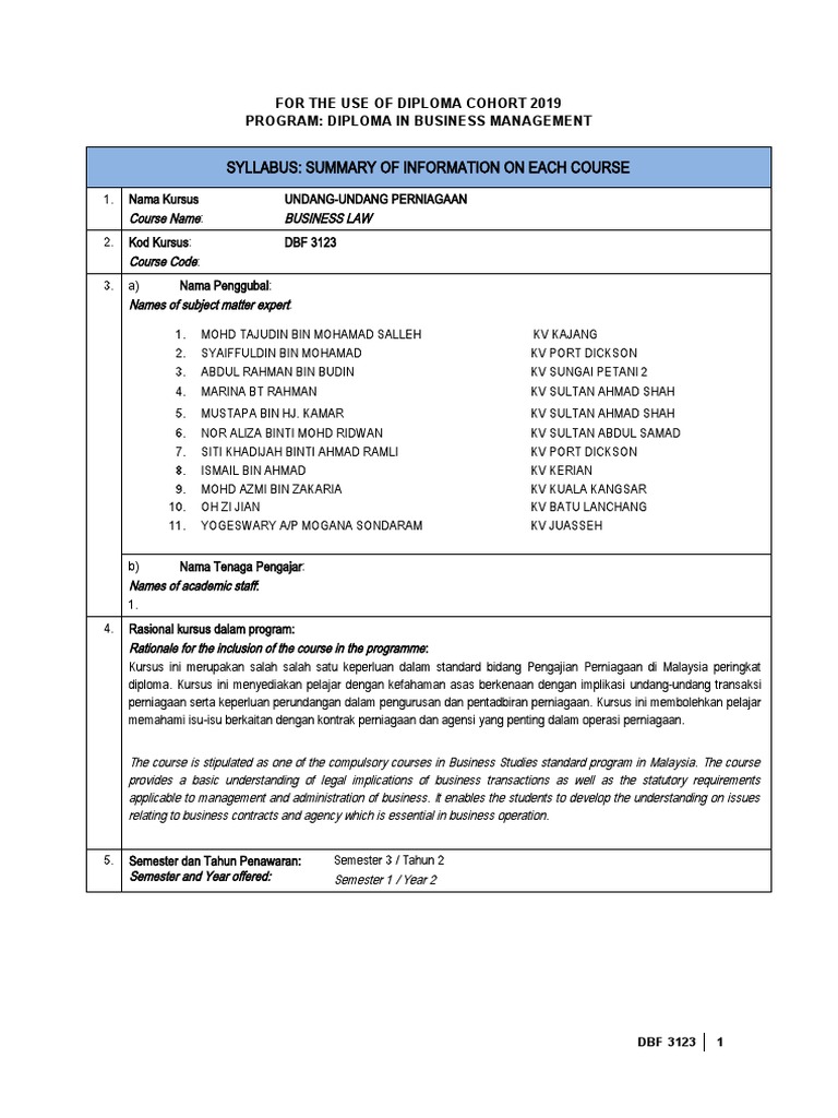 Syllabus Summary for Business Law Course in the Diploma in Business ...