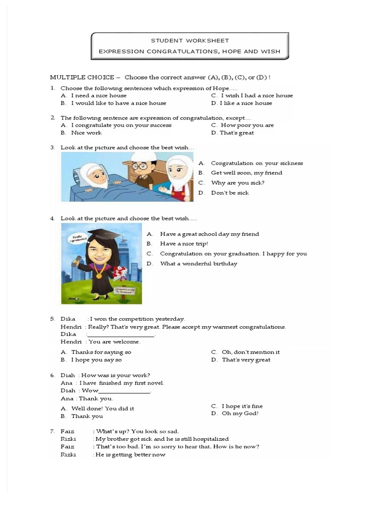 Student Worksheet Expression Congratulations, Hope and Wish | PDF