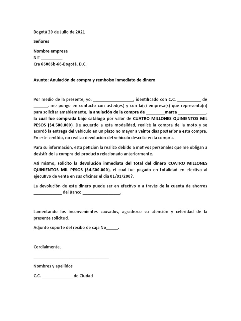 Formato Carta Devolución de Dinero | PDF