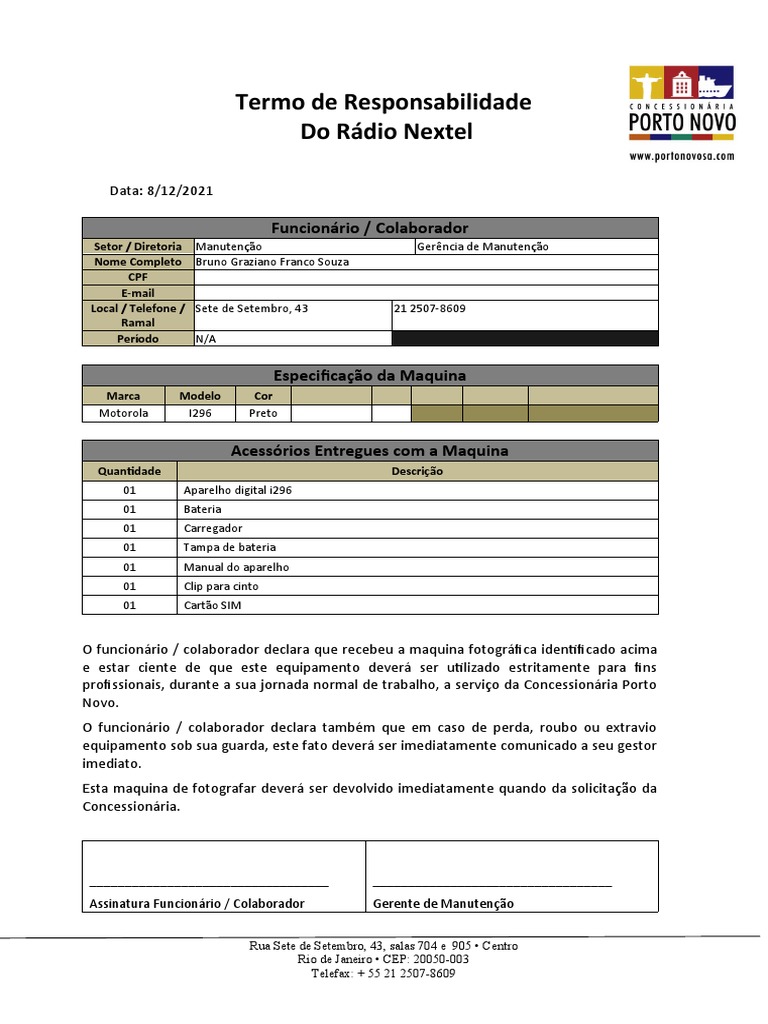Termo de Responsabilidade - Motorola I296 | PDF