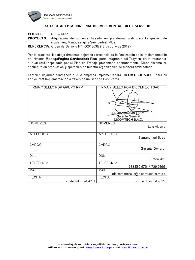 Acta de Aceptacion - Plantilla | PDF