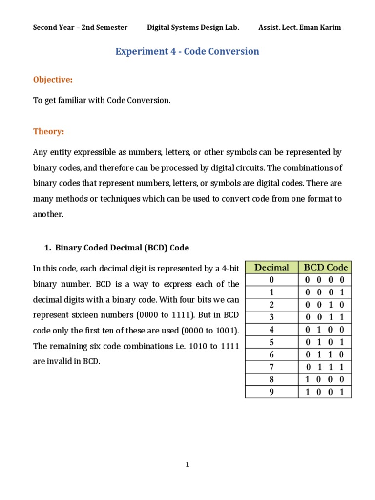 Experiment 4 - Code Conversion | PDF | Binary Coded Decimal | Bit