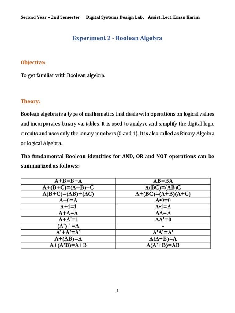 Experiment 2 Boolean Algebra Pdf