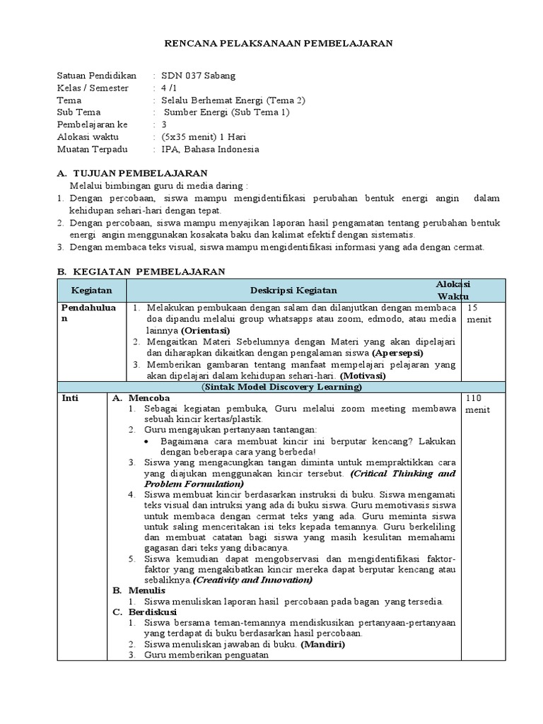RPP Kelas 4 Tema 2 Subtema 1 PB 3 Sumber Energi | PDF