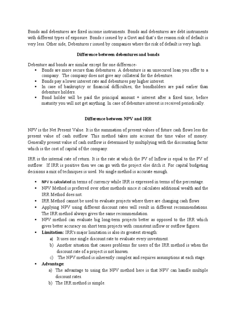 Bonds vs. Debentures: Key Differences | PDF | Net Present Value ...