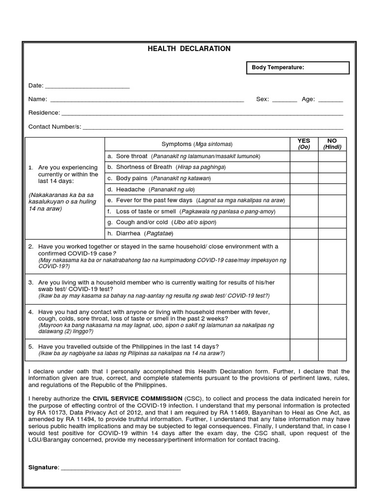 Health Declaration Form A1 Whole Page | PDF | Diseases And Disorders ...