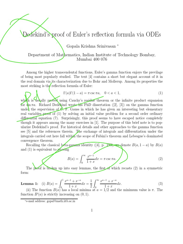 Dedekind'S Proof of Euler'S Reflection Formula Via Odes | PDF ...