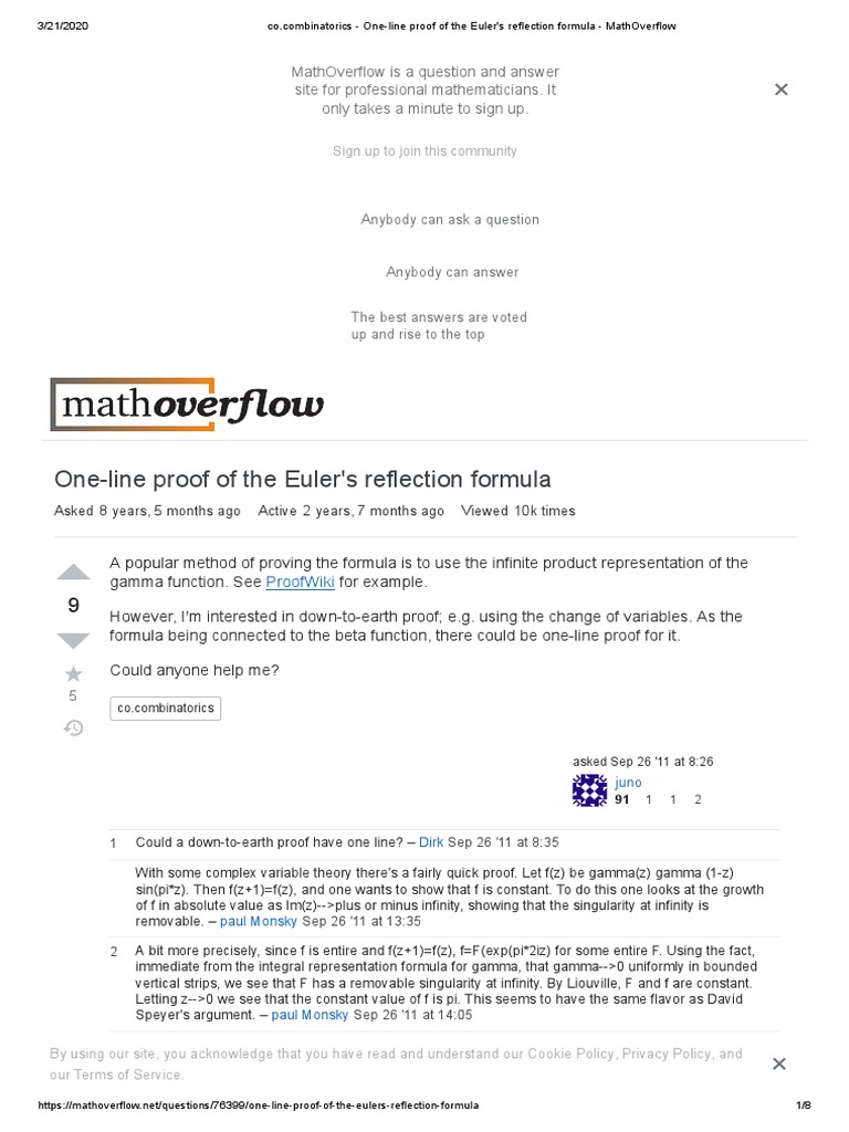 Binatorics One Line Proof Of The Euler S Reflection Formula Mathoverflow Pdf Pi Analysis