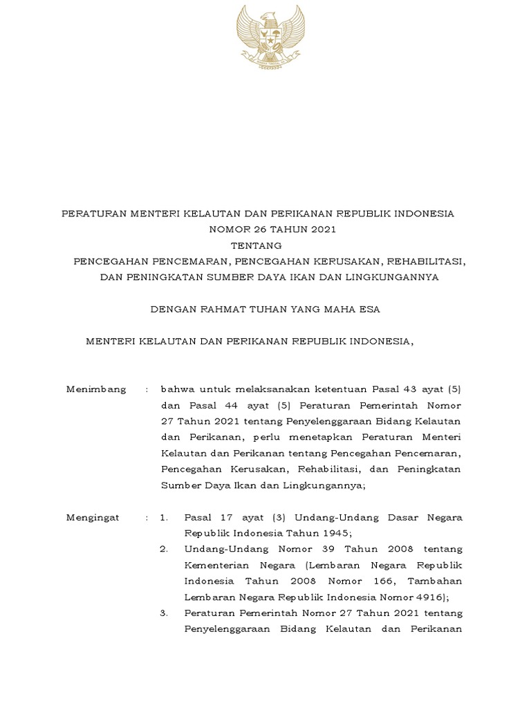 Permen KP Nomor 26 Tahun 2021 Tentang Pencegahan Pencemaran, Pencegahan Kerusakan, Rehabilitasi ...
