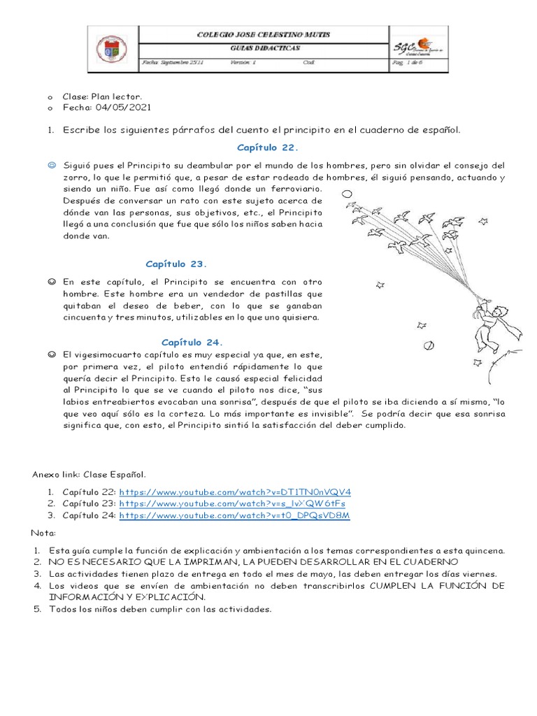 Actividad Plan Lector, Captítulo El Principito 22,23,24, Clase 04 de ...