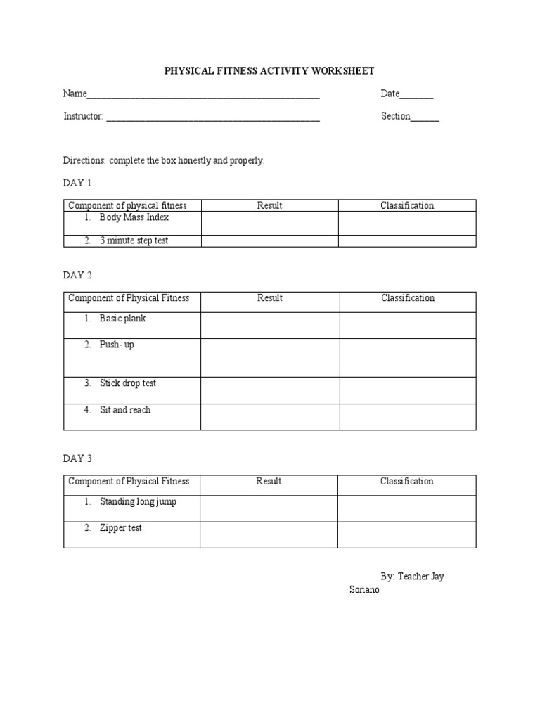 Physical Fitness Test Worksheet | PDF