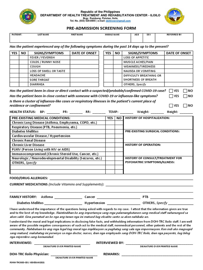 Pre-Admission Screening Form for Patients | PDF | Chronic Obstructive ...