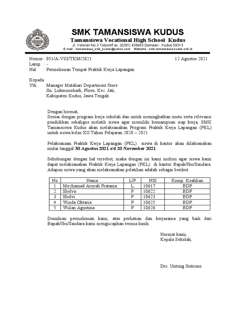 Contoh Surat Permohonan PKL Siswa | PDF