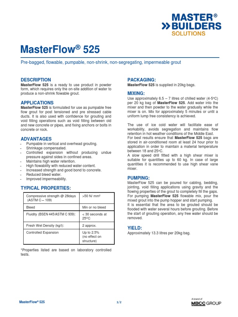 Masterflow 525: Pre-Bagged, Flowable, Pumpable, Non-Shrink, Non ...
