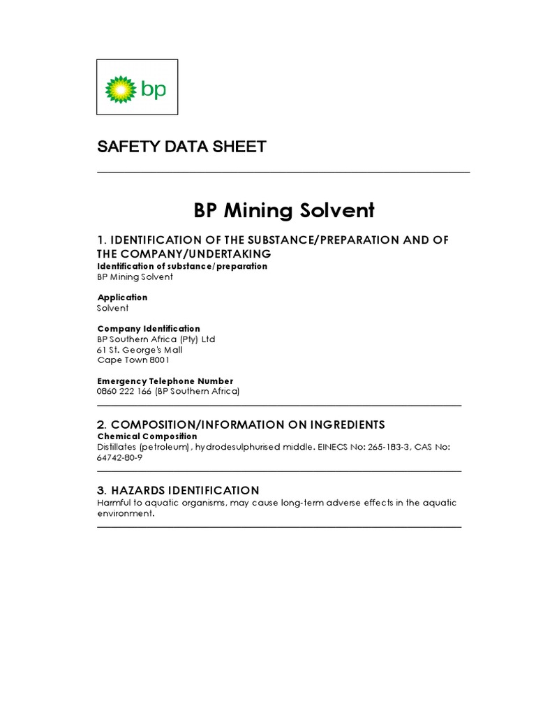 BP Mining Solvent: Safety Data Sheet | PDF | Combustion | Personal ...