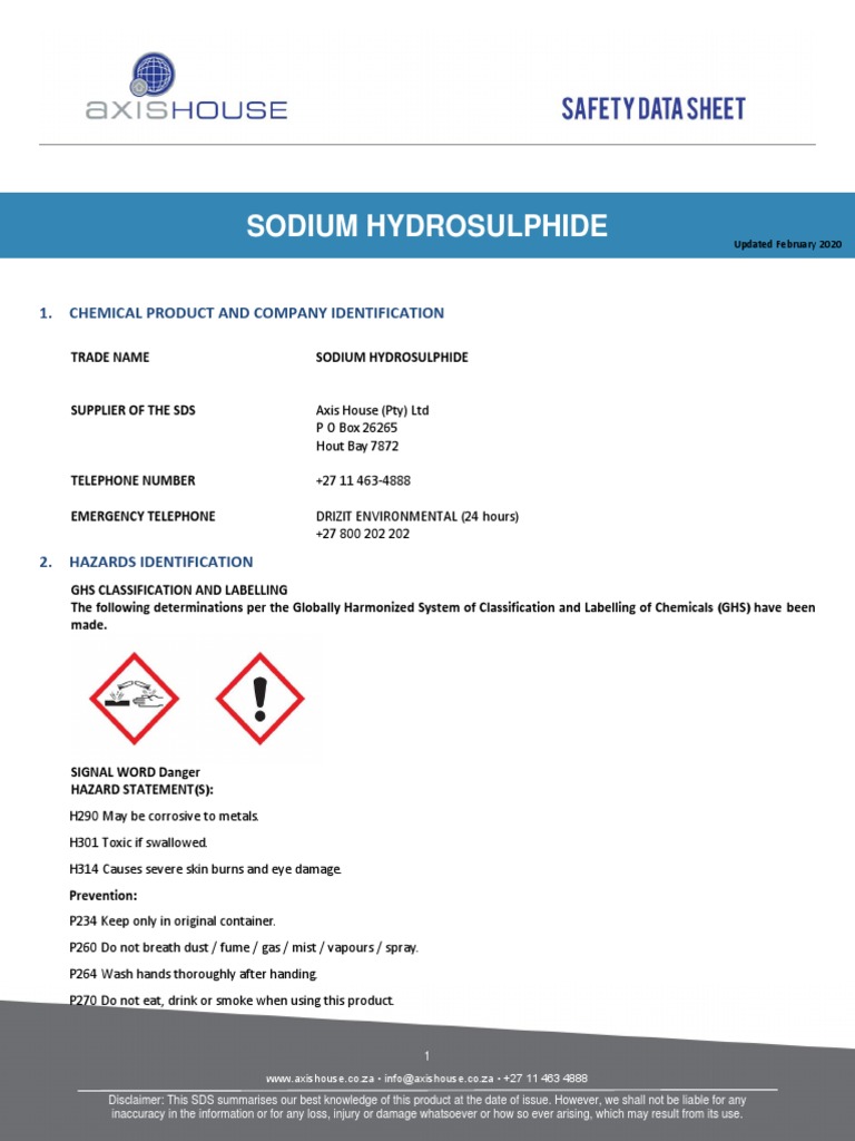 SDS Safety SODIUM HYDROSULPHIDE - 2020 | PDF | Toxicity | Sulfide