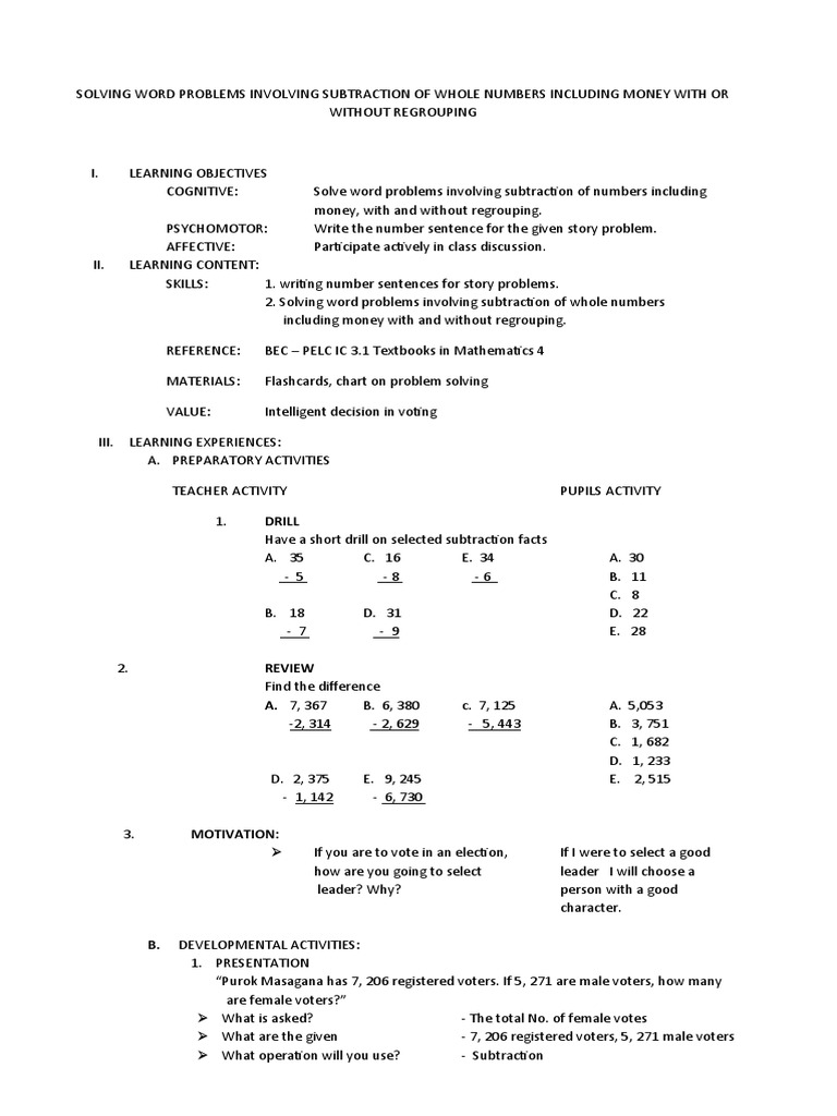 Solving Word Problems Involving Subtraction of Whole Numbers Including ...