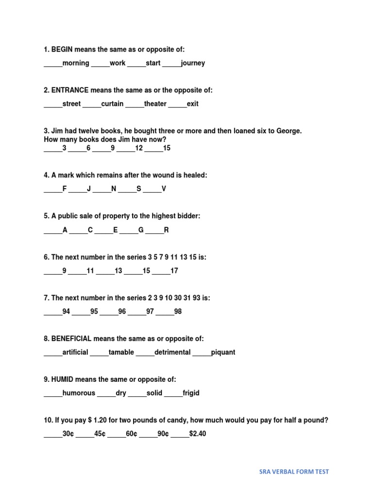SRA Verbal Form Test | PDF