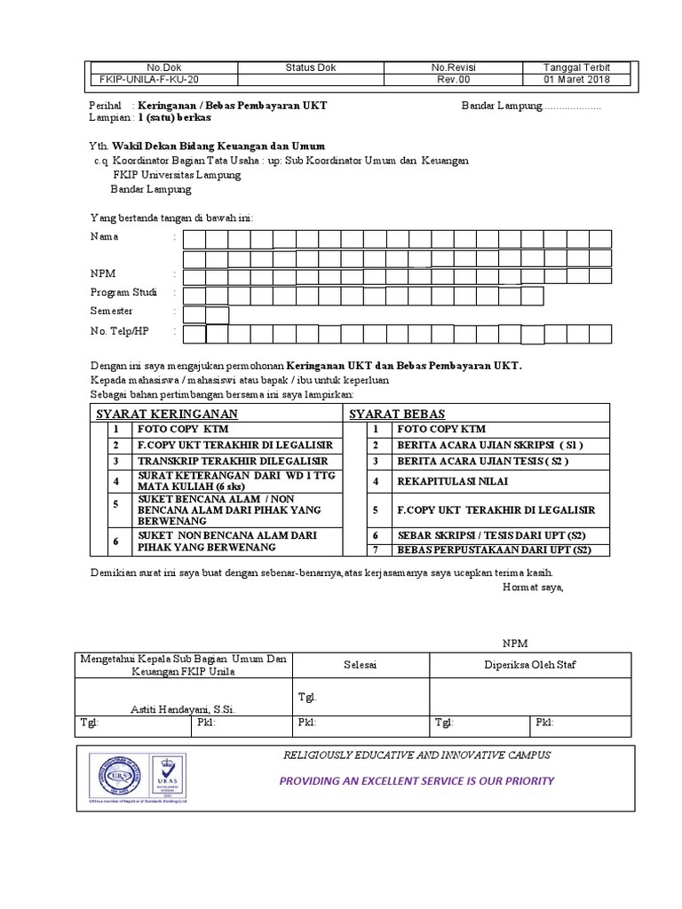 Borang Keringanan Dan Bebas UKT 2021 | PDF