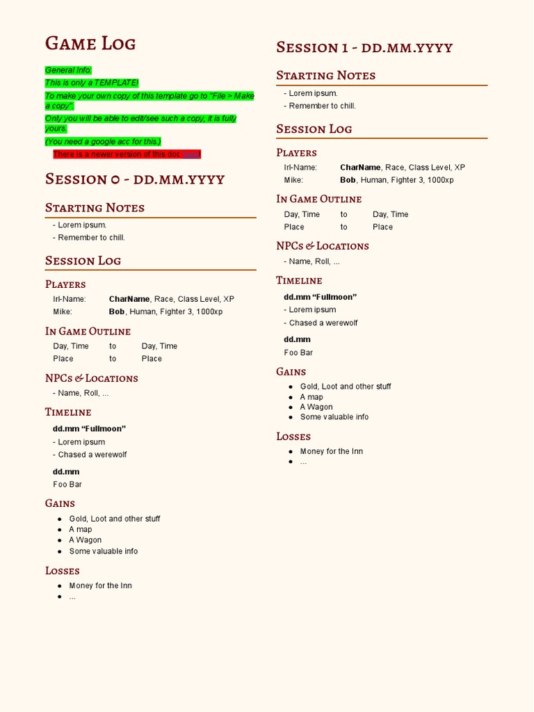DnD Campaign Session Log Template | PDF | Role Playing Games
