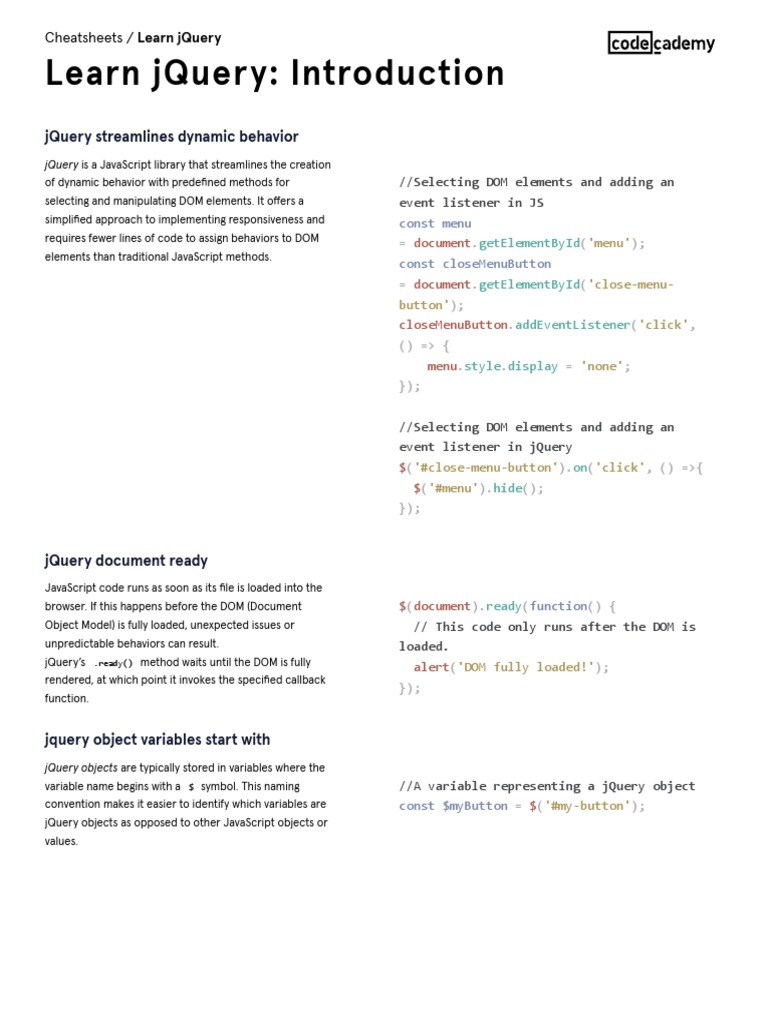 Learn JQuery - Learn JQuery - Introduction Cheatsheet - Codecademy ...
