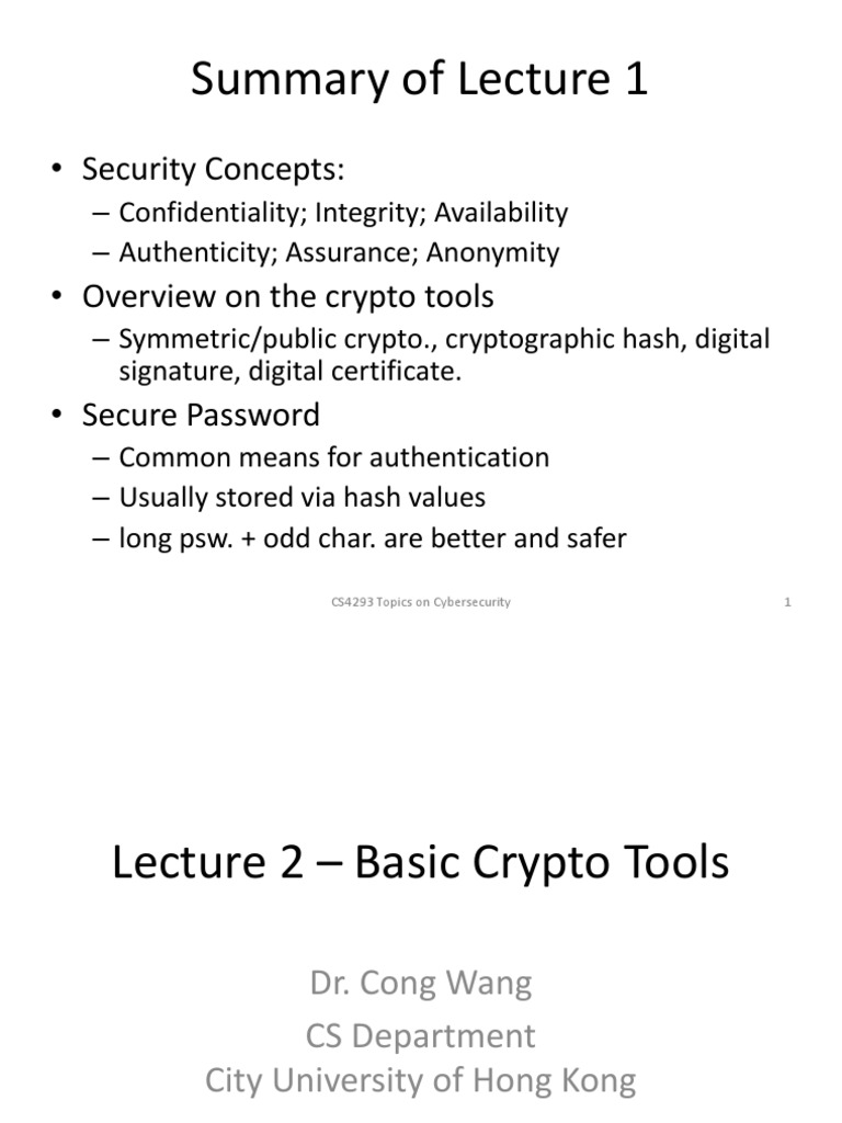 Summary of Lecture 1: - Security Concepts: Overview On The Crypto Tools Secure Password | PDF ...