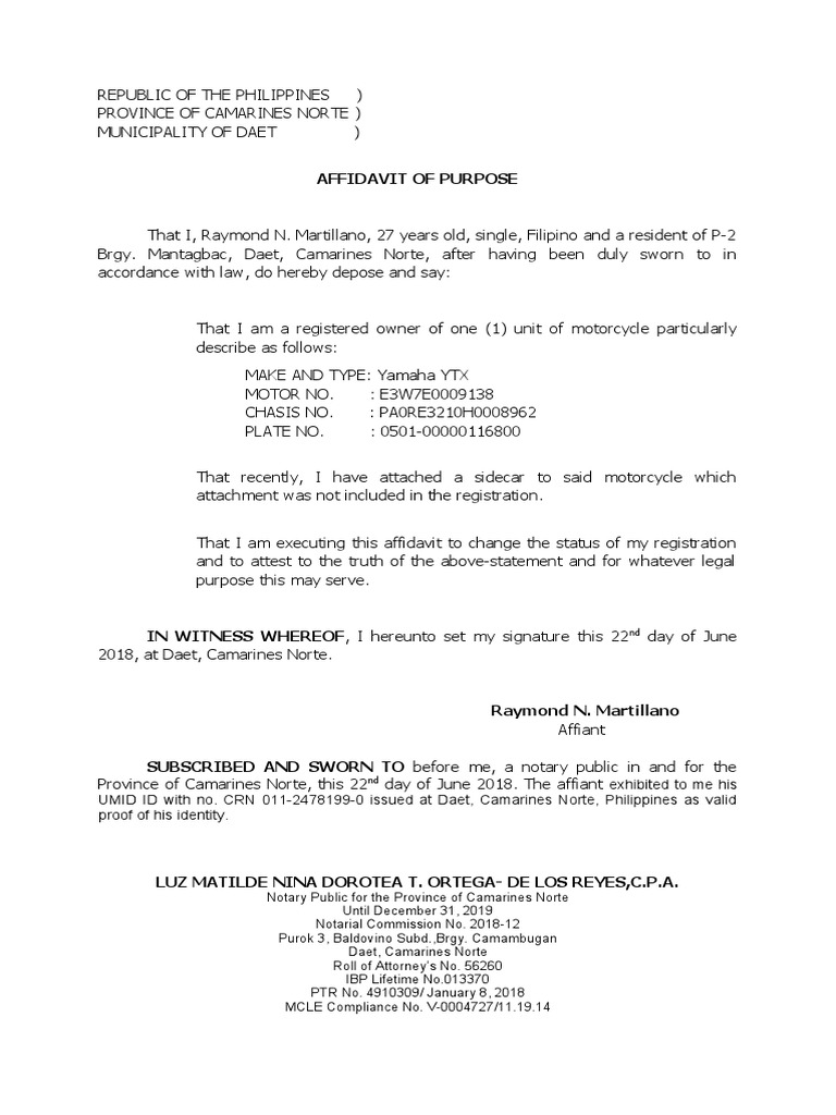 Affidavit Sidecar Motorcycle Registration | PDF