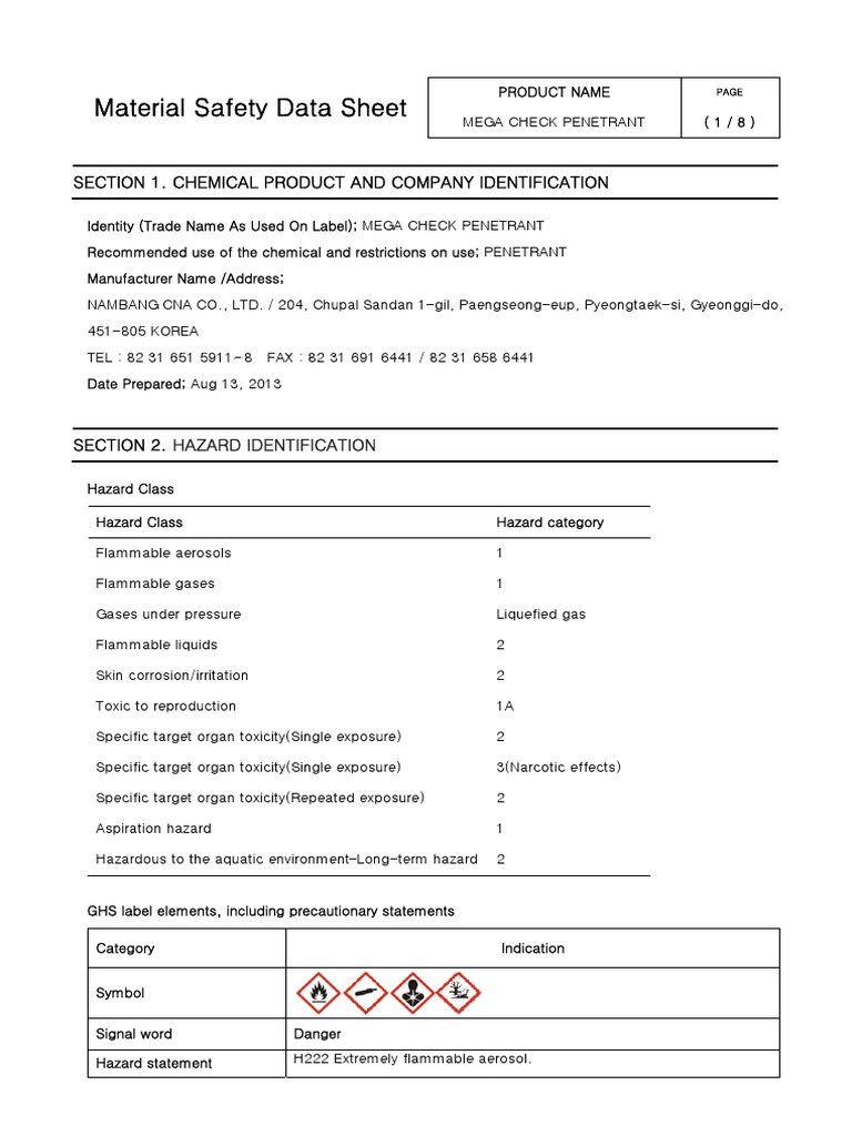 Mega Check Penetrant Msds English Ver | PDF | Toxicity | Personal ...