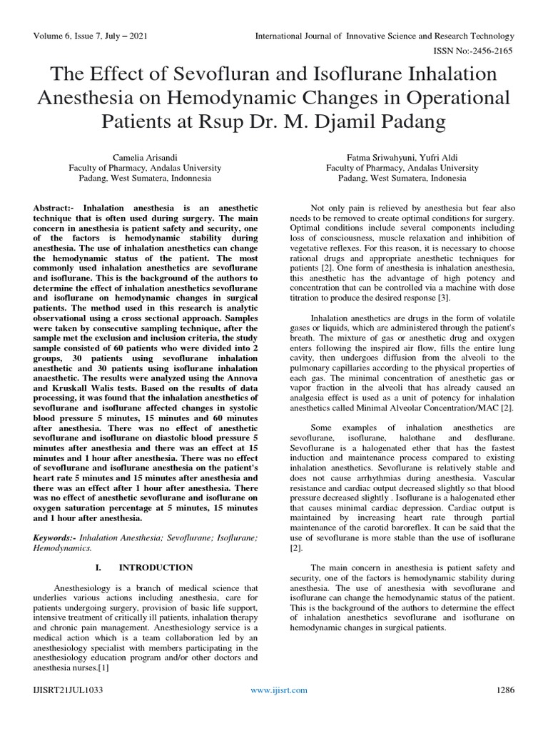The Effect of Sevofluran and Isoflurane Inhalation Anesthesia on ...