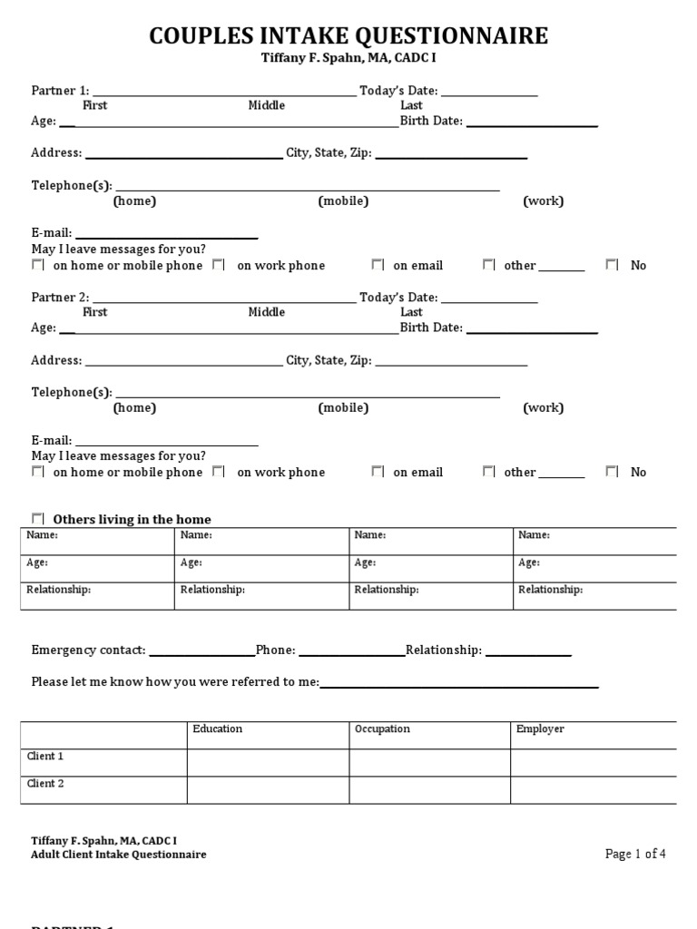 Couples Intake Questionnaire Form | PDF | Feeling | Violence