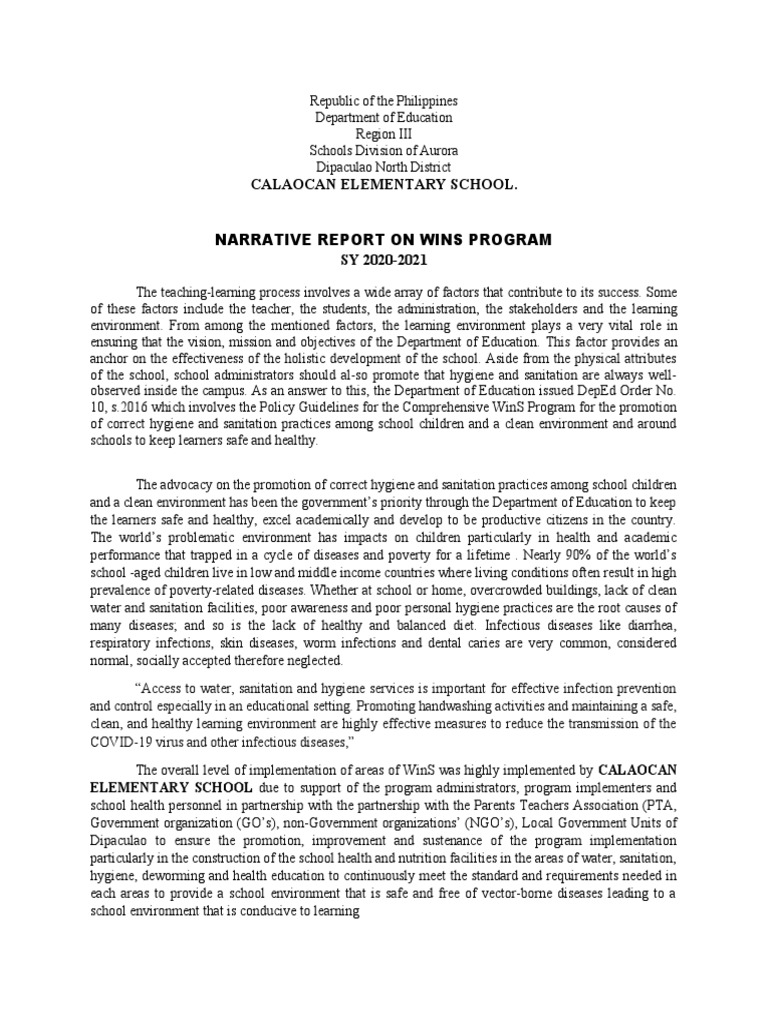 Wins Narrative Report Ces | PDF | Hand Washing | Wash