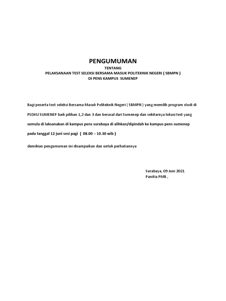 Ubah Lokasi Test SBMPN di PENS Sumenep | PDF