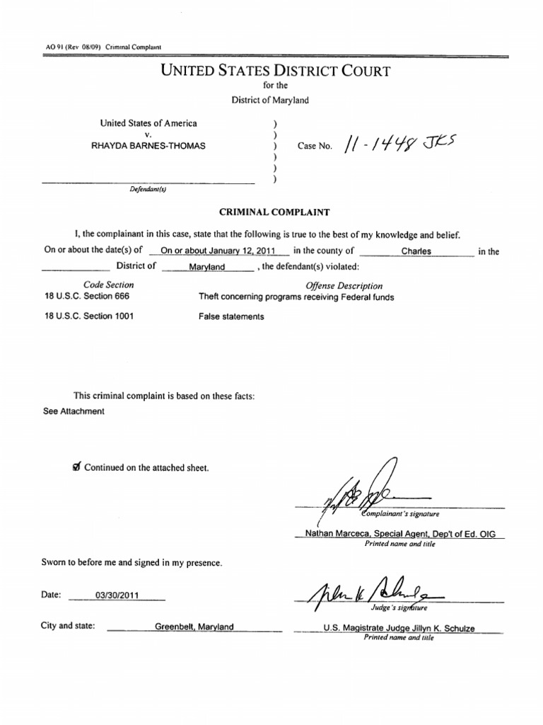 Criminal Complaint: Rhayda Barnes-Thomas | PDF | Politics | Law