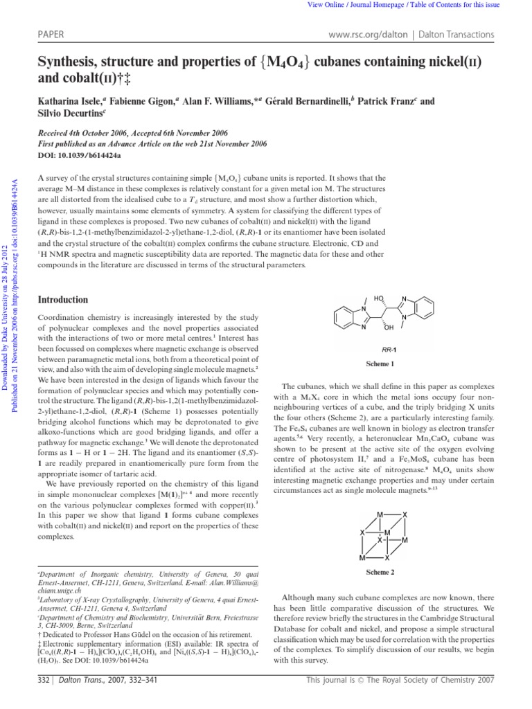 Synthesis, Structure and Properties of O) and Cobalt : (M) Cubanes ...