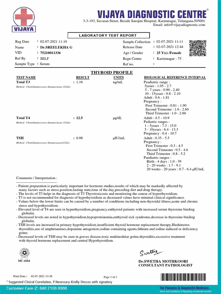 Thyroid Profile: Laboratory Test Report | PDF | Hypothyroidism ...