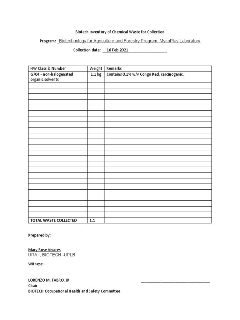 Chemical Waste Collection Form | PDF