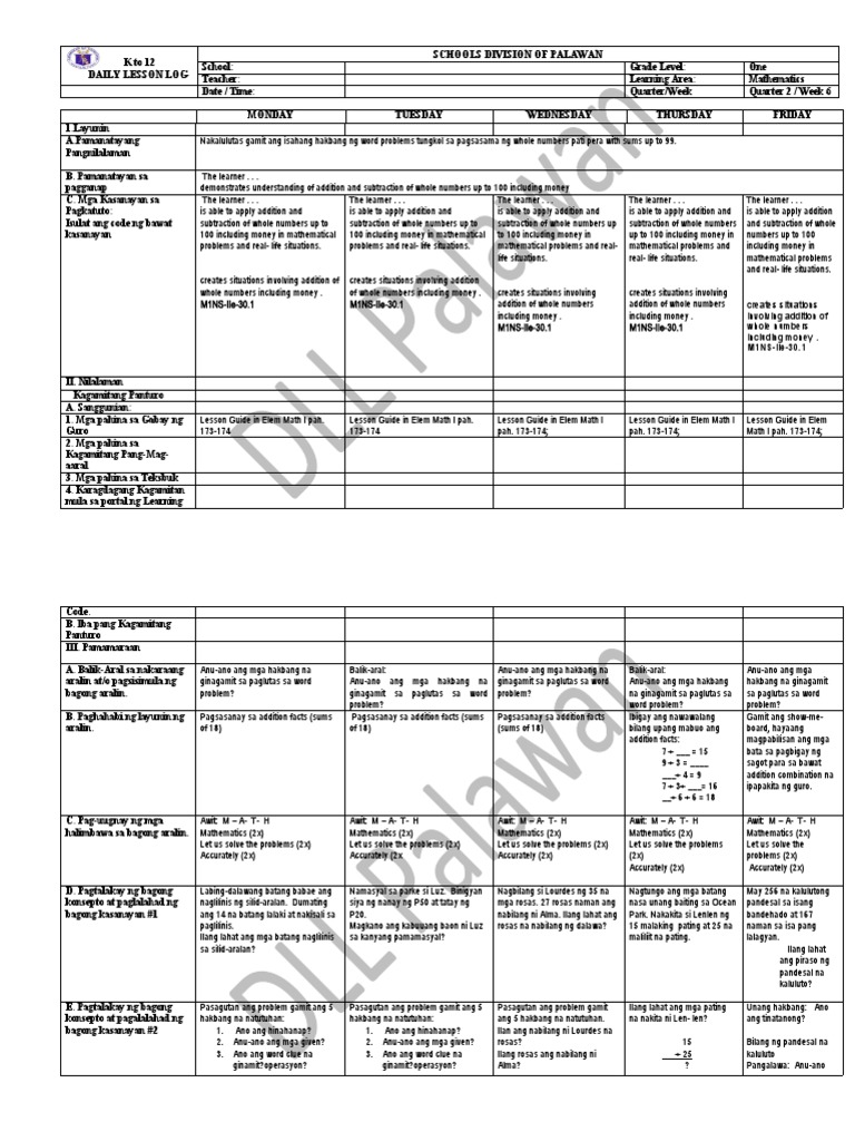DLL Math Grade1 Quarter2 Week6 (Palawan Division) | PDF | Mathematics | Science
