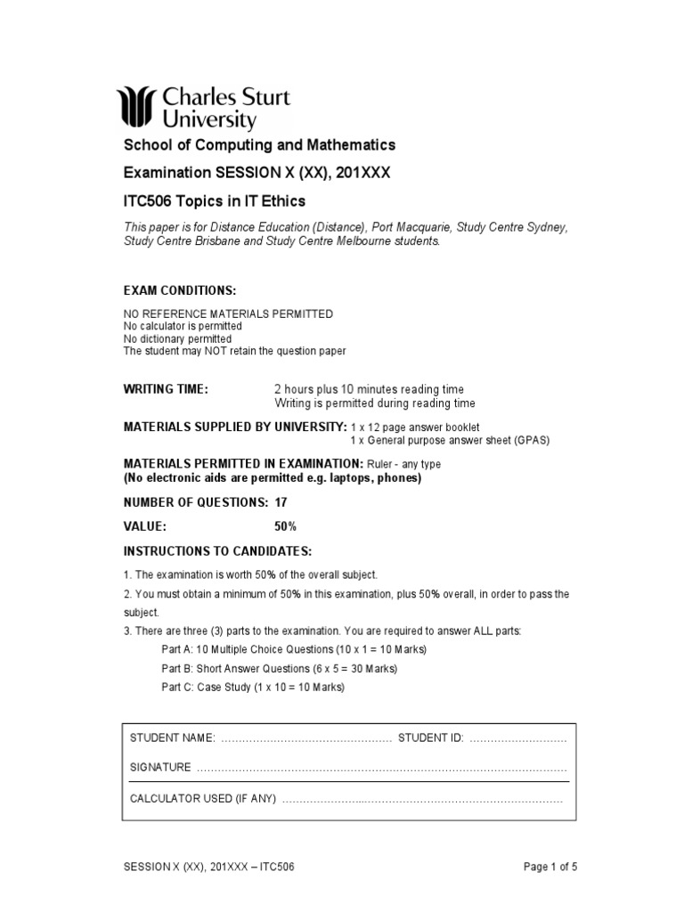 ITC506 IT Ethics Exam Guidelines | PDF | Machine Learning | Risk