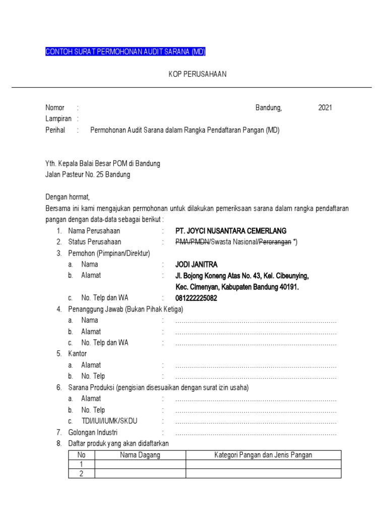 MD - Contoh Surat Permohonan Audit Sarana | PDF