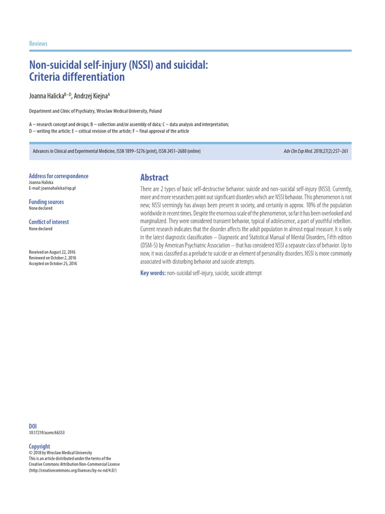 Non-Suicidal Self-Injury (NSSI) and Suicidal - Criteria Differentiation ...